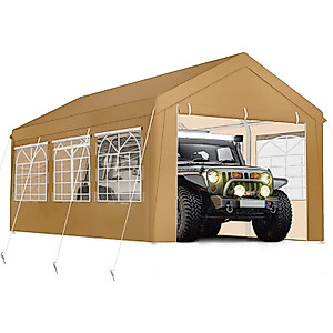 10'x20' Deluxe Metal Carport Garage Car Canopy, Height Adjustable Heavy Duty Car Shelter with Folding Windows, Portable Garage