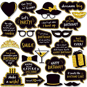 Premium Birthday Photo Booth Props Kit - 27 Pieces Black & Gold Party Decorations - Durable & Easy-to-Use Photobooth Props Signs for Memorable Photos - Party Supply Decorations - by PixiPy