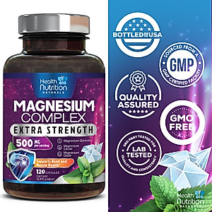 Magnesium Citrate Capsules 500mg with Glycinate, Oxide, Malate, Citrate - for Muscle, Nerve, Bone and Heart Health Support - High Absorption Citrate Complex, Gluten Free, Non-GMO - 120 Capsules