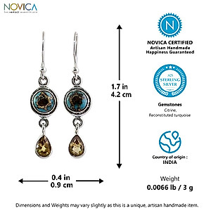 NOVICA Artisan Handcrafted Dangle Earrings | .925 Sterling Silver Droplet earrings | 2 Carat India Dangle Earrings | Composite Turquoise Gemstone | Reconstituted Drop-Shaped | Sunny Droplets Themed