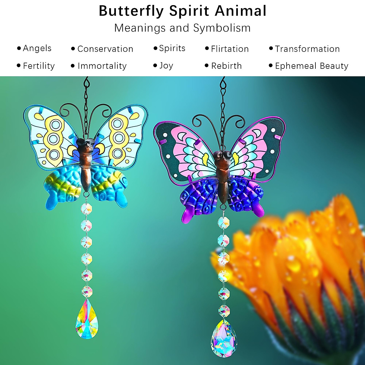 Set 2 Metal Butterfly Suncatchers for Windows - 14" Outdoor Fence Wall Art Decor, Rainbow Prisms Sun Catchers with Crystals Hanging for Home Garden Ornament
