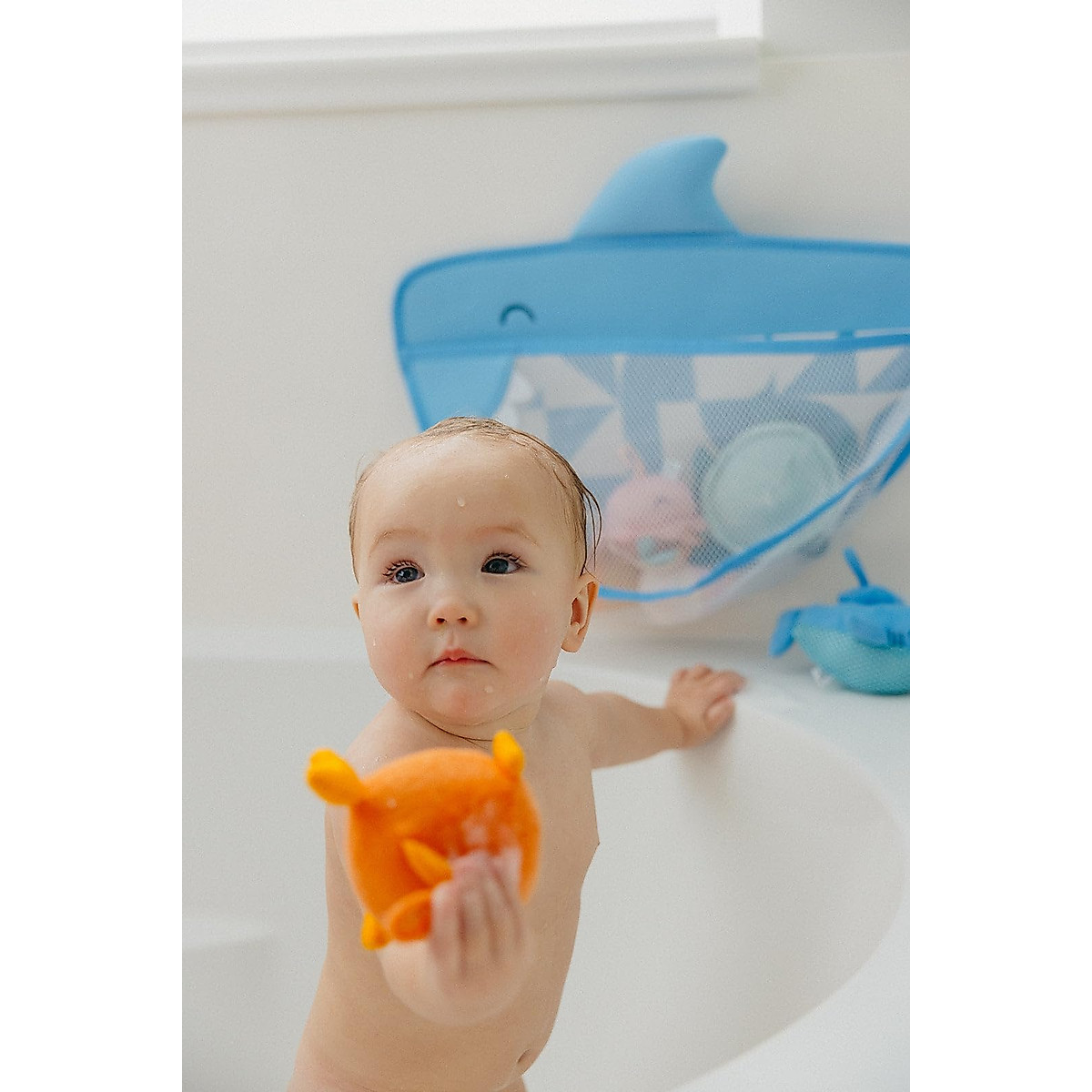 Oceana Bath Toy Organizer with Suction Cups by Copper Pearl: Extra-Large Mesh Bath Toy Holder for Bathtub, Quick-Dry Bath Toy Storage Net, Convenient Bath Toy Net for Tub - Finn