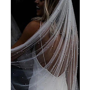 Elawbty 1 Tier Pearl Cathedral Length Wedding Bridal Veil With Metal Comb White F55