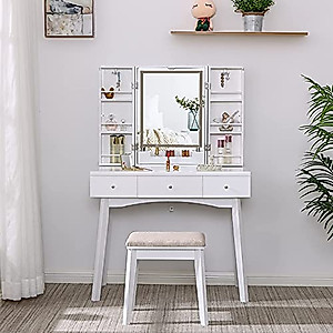 BEWISHOME Vanity Desk with Lighted Mirror, Makeup Vanity with Lights, White Vanity Set with 3 Color Lighting Modes Adjustable Brightness, Makeup Cabinet 3 Drawers Dressing Table for Women FST12W