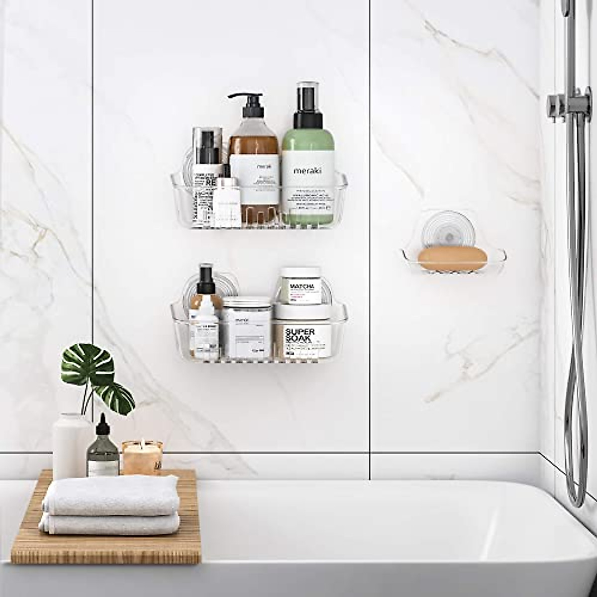 UDD Clear Shower Caddy with Soap Dish, Bathroom Shower Organizer Storage Shower Rack Wall Adhesive Shower Shelves for Dorm Bathtub, 3 Pack