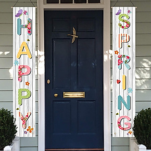 ORTIGIA Happy Spring Banner for Outdoor Colorful Floral Butterflies Porch Sign Decorations Outdoor Indoor Vintage Holiday Hanging Flags Wall Decor for Front Door Home Party Supplies