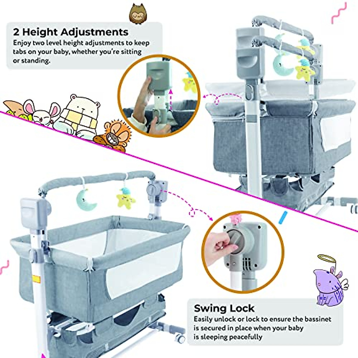 BABY K Electronic Rocking Bedside Bassinet (Grey) - 4 in 1 Automatic Swaying Mesh Baby Bassinet Co Sleeper Crib with 5 Swing Motions, 3 Timer Setting & Bluetooth Music Control for Infant & Toddlers