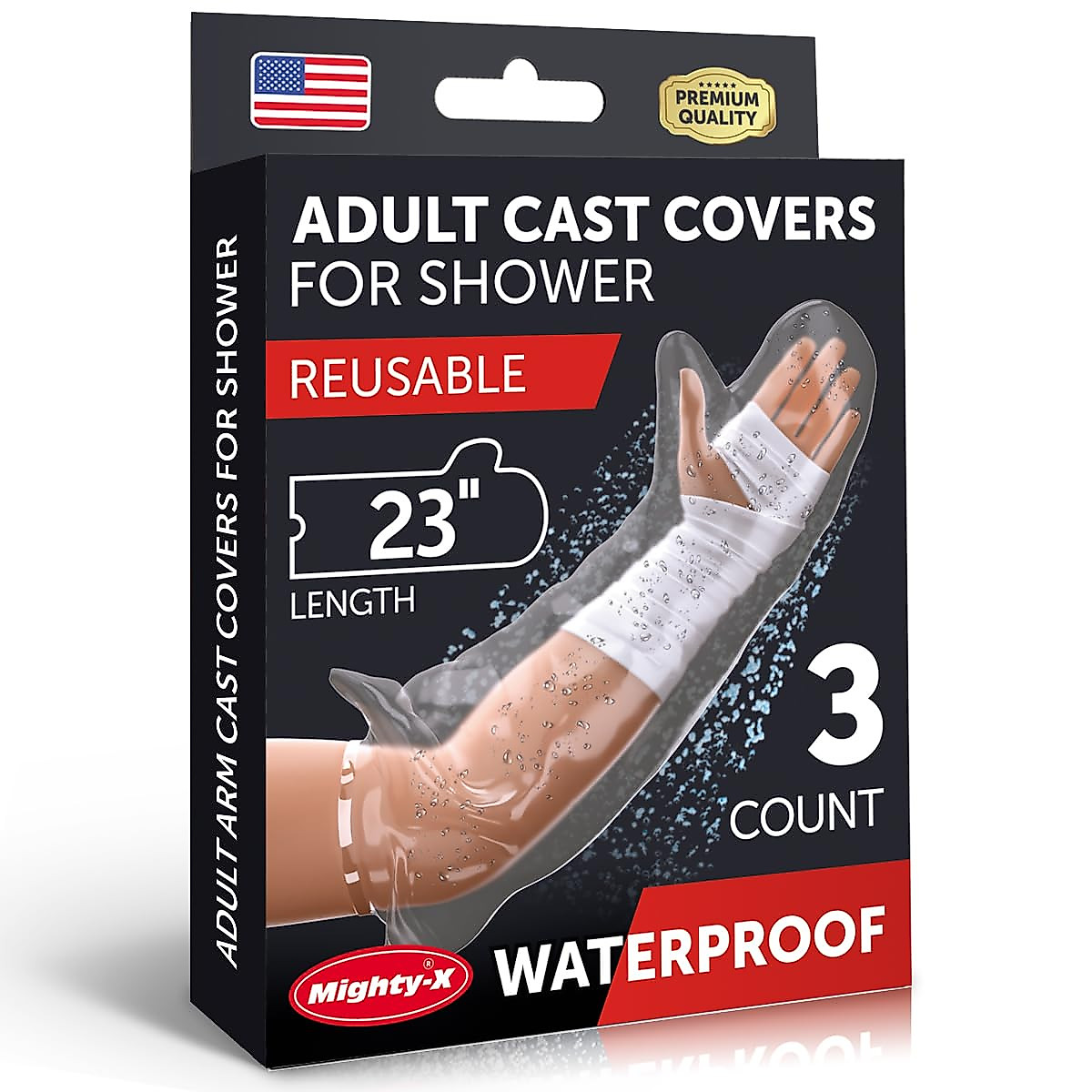Mighty-X 100% Waterproof Cast Covers for Shower Arm Adult - [Watertight Seal] - 3pk Reusable Cast Protectors - Half Arm Cast Bags for Shower Arm