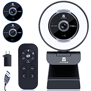 Vitade Zoomable Webcam with Remote Control, 1080P 60FPS Streaming Webcam with Ring Light and Microphone, Pro USB Webcam with 5X Digital Zoom Built in Privacy Cover for Zoom/Skype Teams/PC/Laptop/Mac