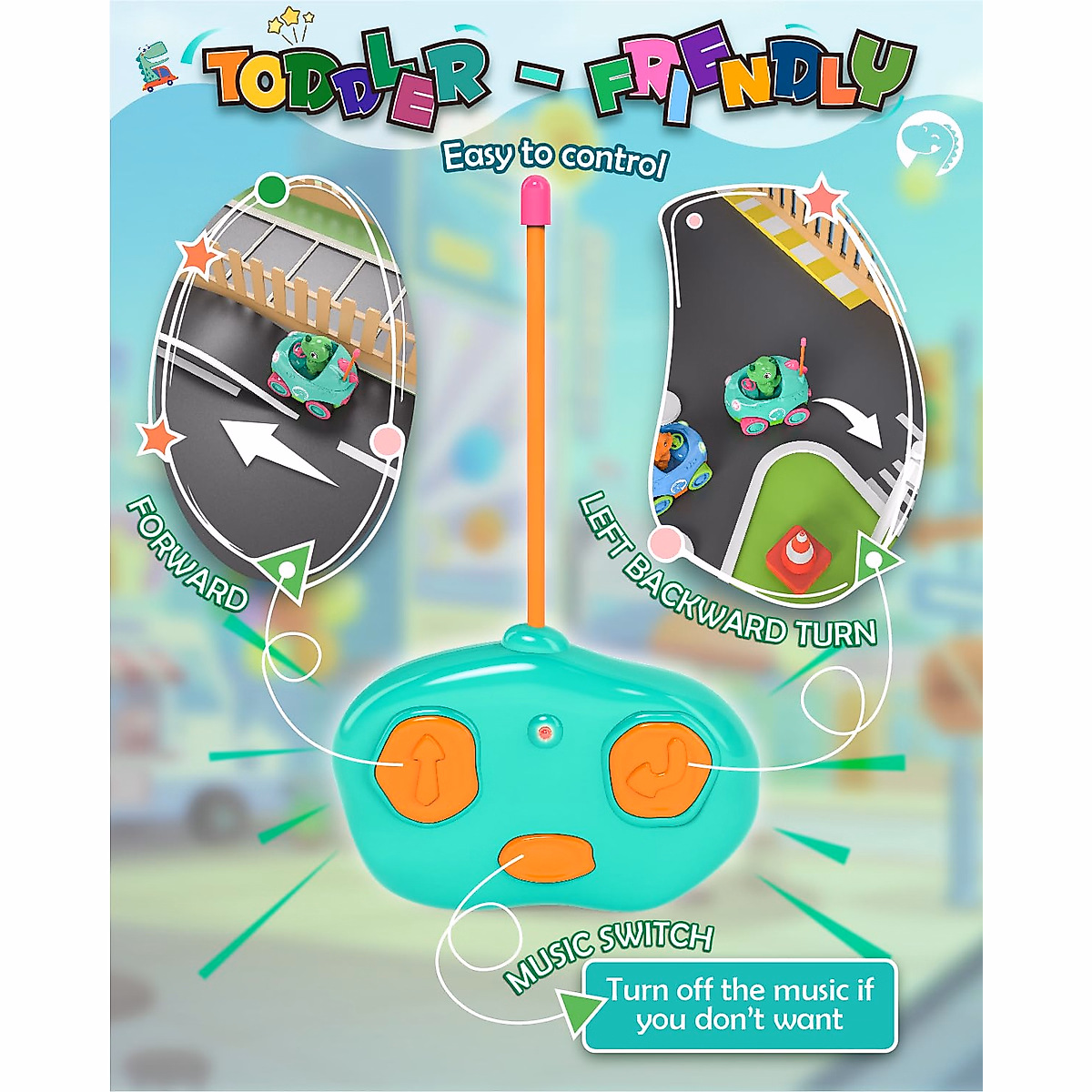 Kizeefun Dinosaur Remote Control Cars for Toddlers 2 Pack, 2-5 Kids Toys Dino Electric RC Trucks for 2 3 4 5 Year Old Age Boys Girls Birthday Christmas Ideas