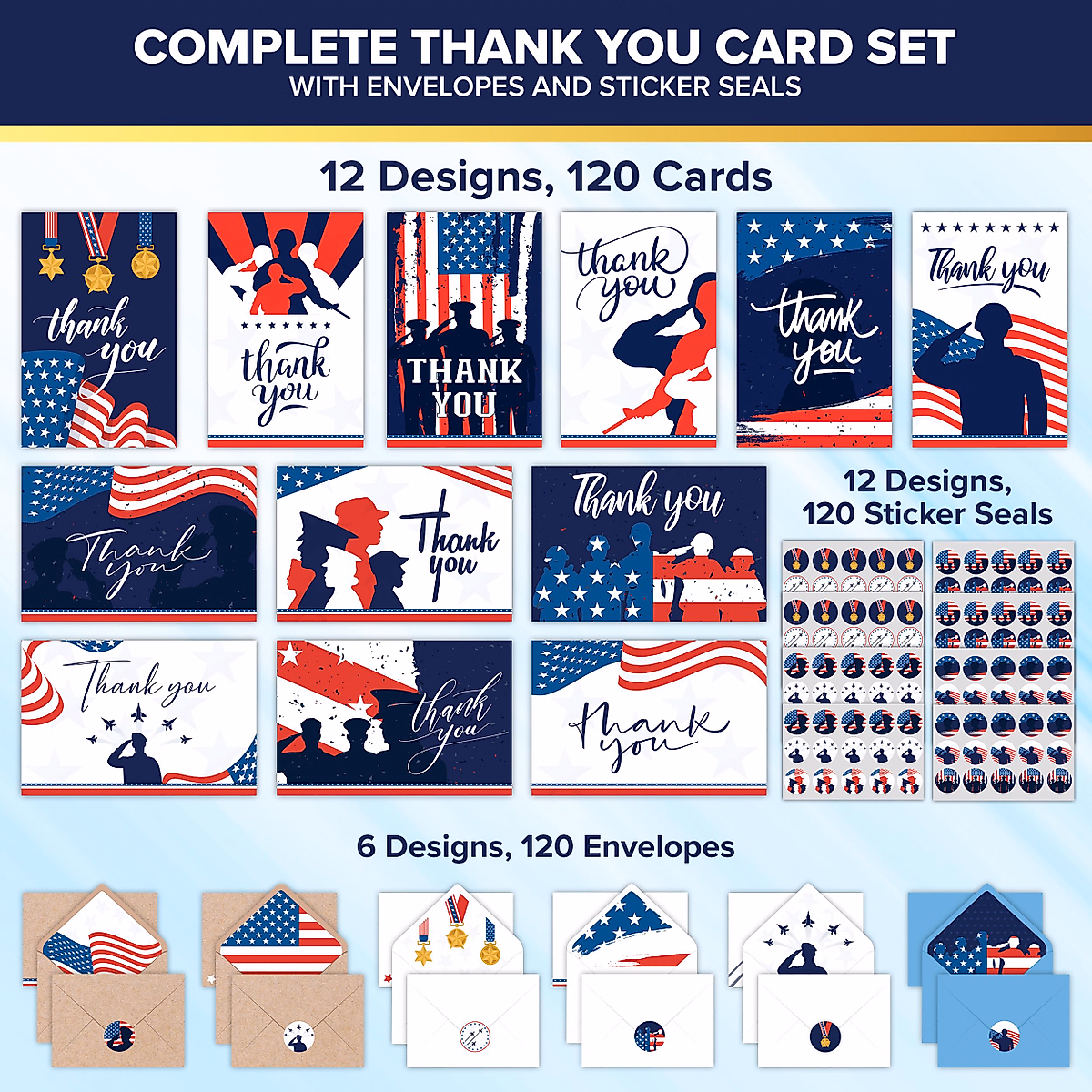 Decorably 120 Pack Veterans Day Cards with Envelopes & Stickers - 12 Designs Blank Inside Military Thank You Cards, 6x4in Patriotic Thank You Cards, Veteran Day Cards, Veteran Thank You Cards