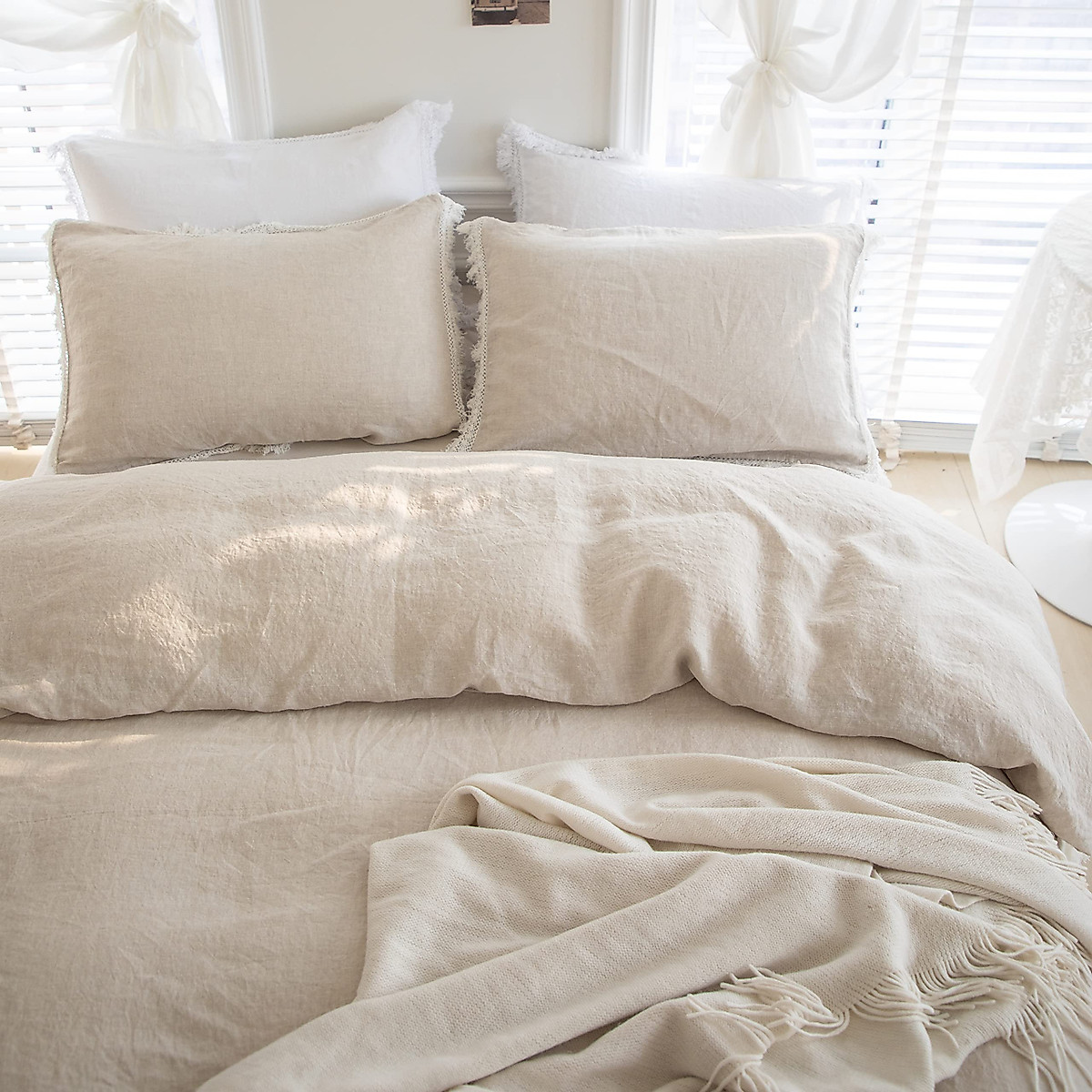 Simple&Opulence 100% Linen Boho Duvet Cover,3pcs Bohemian Textured Collection Bedding Set for All Seasons,French Country Comforter Cover Set with Pillow Shams (Queen, Tassel-White)