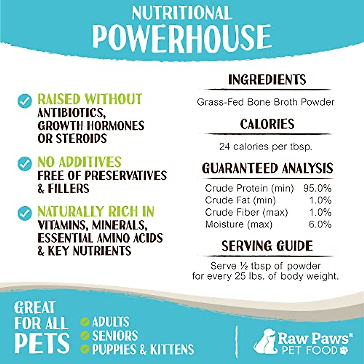 Raw Paws Beef Bone Broth for Dogs & Cats, 6-oz - Made in USA - Dog Food Topper - Bone Broth Protein Powder for Dogs - Powdered Bone Broth for Dogs - Bone Broth for Cats - Dog Gravy Topper for Dry Food