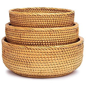 Rattan Basket for Storage Set 3 Small Bread Baskets for Serving Potatoes Onions Container Stackable Fruit Holder for Kitchen Countertop Organizing Bathroom
