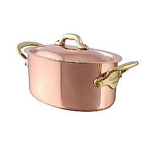 Mauviel M'Heritage 150 B 1.5mm Polished Copper & Stainless Steel Oval Stewpan With Lid, And Brass Handles, 7.2-qt, Made in France