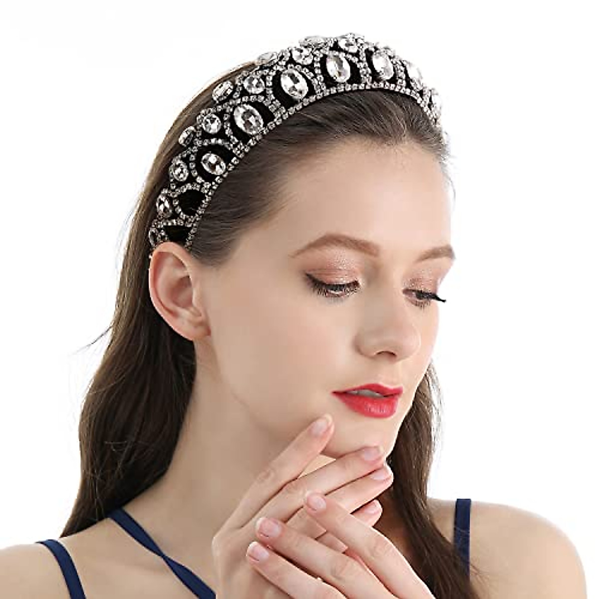 QIANXUAN Crystal Rhinestone Headbands For Women White Pearl Headbands For Girls Padded Headband Black Velvet Jewelry Chain Hairband Handmade Pearly Flower Retro Filling Diamond Hair Accessories