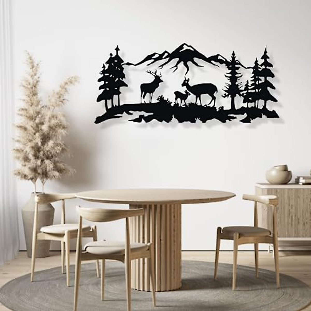 fayholy Metal Wall Art - Metal Deer Family art, Metal Wall Decor, Wildlife Lover Gift, Tree Mountain Decoration, Wall Hangings, Nature Wall Art (Silver, 24"x10" | 60x26 cm)