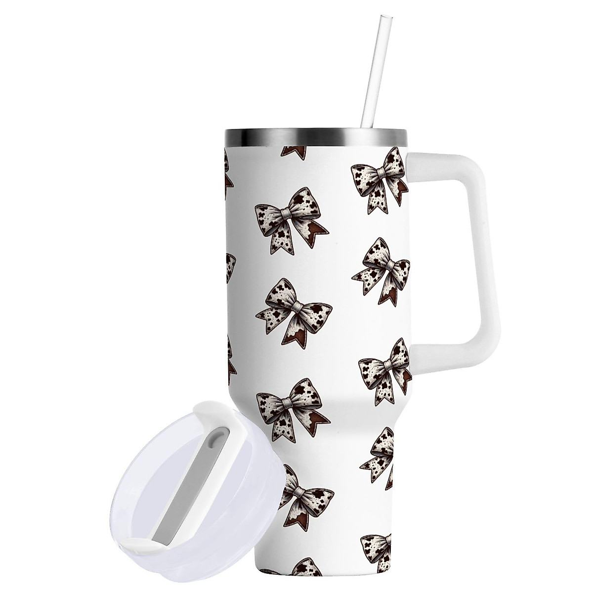 Jihqo Cow Print Bows 40 oz Stainless Steel Vacuum Insulated Tumbler with Handle and Straw Lid, Leakproof Water Bottle Double Wall Travel Mug Coffee Cup, Cupholder Friendly