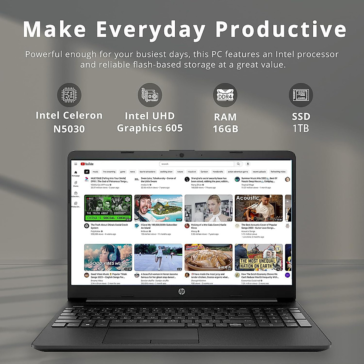 HP Laptop, 15.6 Inch HD Screen, Intel Pentium Silver N5030, 16GB RAM, 1TB SSD, Office 365, Windows 11 Pro, Long Battery Life, Type-C, RJ-45, HDMI, Numeric Keypad, Black, PCM