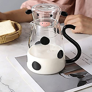 1 Set Glass Carafe Pitcher with Glass Mug Cute Cow Glass Tea Pitcher Kettle Milk Jug Night Water Carafe for Midnight Drink Home Office Hotel 550ml