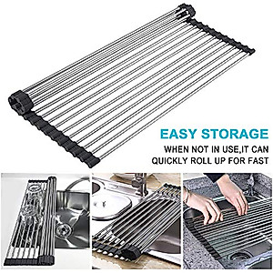 G-TING Dish Drying Rack 17.6" x 16", Over Sink Roll Up Large Dish Drainers Rack, Multipurpose Foldable Kitchen Sink Rack Mat Stainless Steel with Silicone Rims for Dishes, Cups, Fruits Vegetables