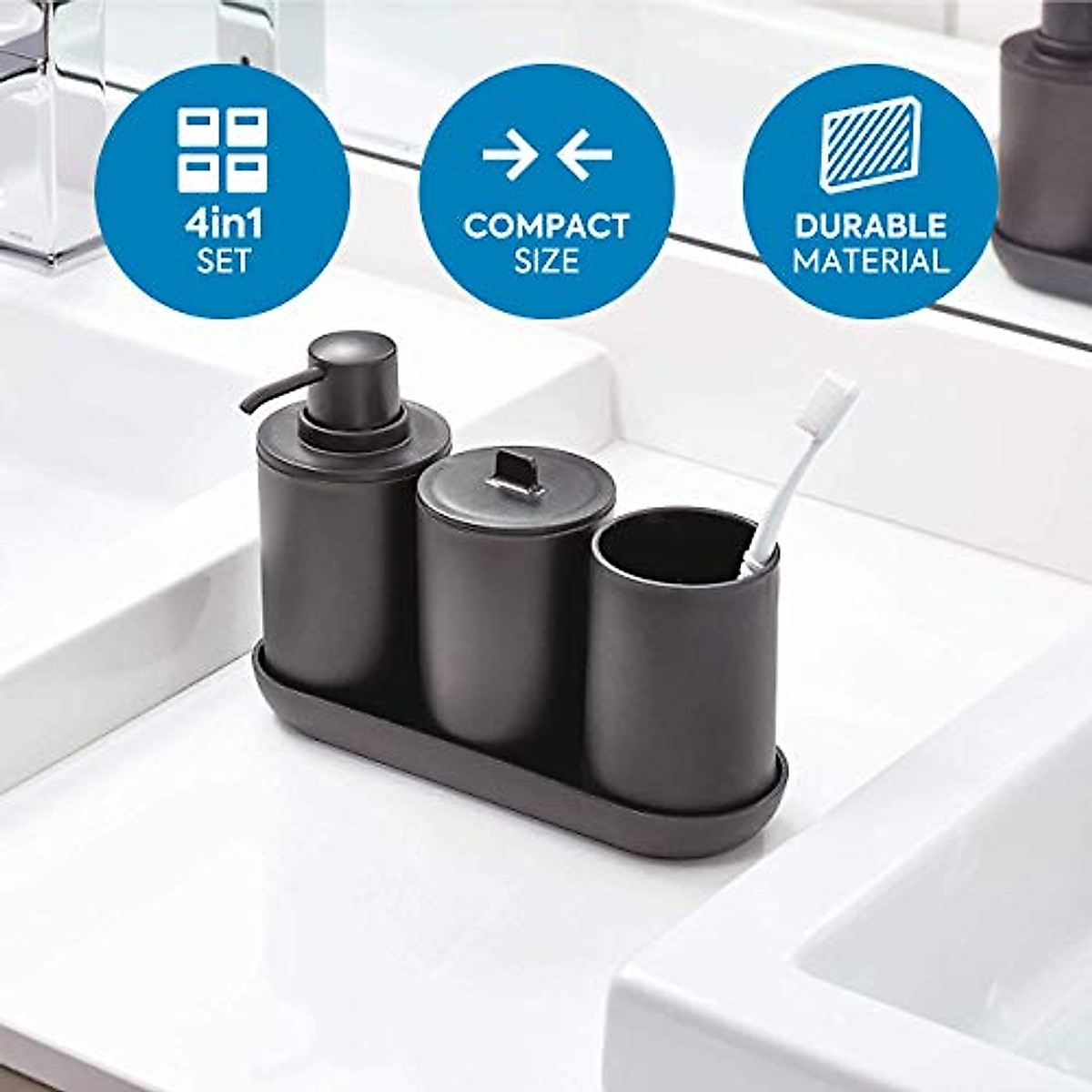 iDesign 28737ES Cade 4-Piece Bathroom Accessory Set, Matte Black, 24.5 cm x 8.9 cm x 16.2 cm