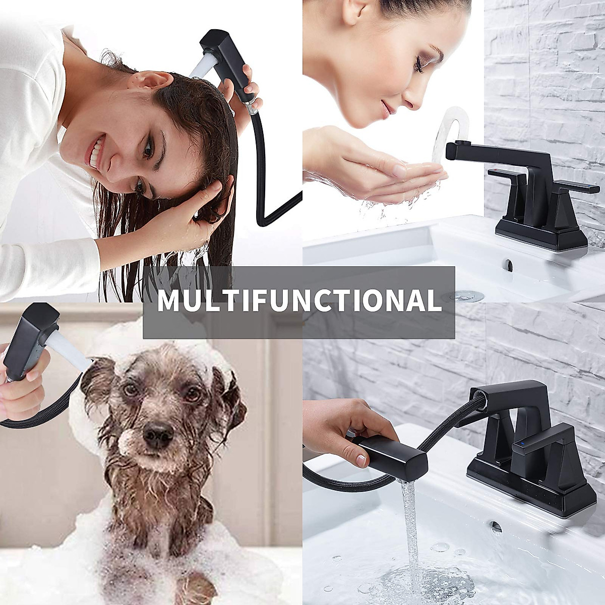 KAIYING 2 Handle Centerset Bathroom Sink Faucet, Black Bathroom Faucet 3 Hole with Pull Out Sprayer, 4 Inch Lavatory Faucet, Modern Vanity Faucet, Mixer Tap for Hot and Cold Water