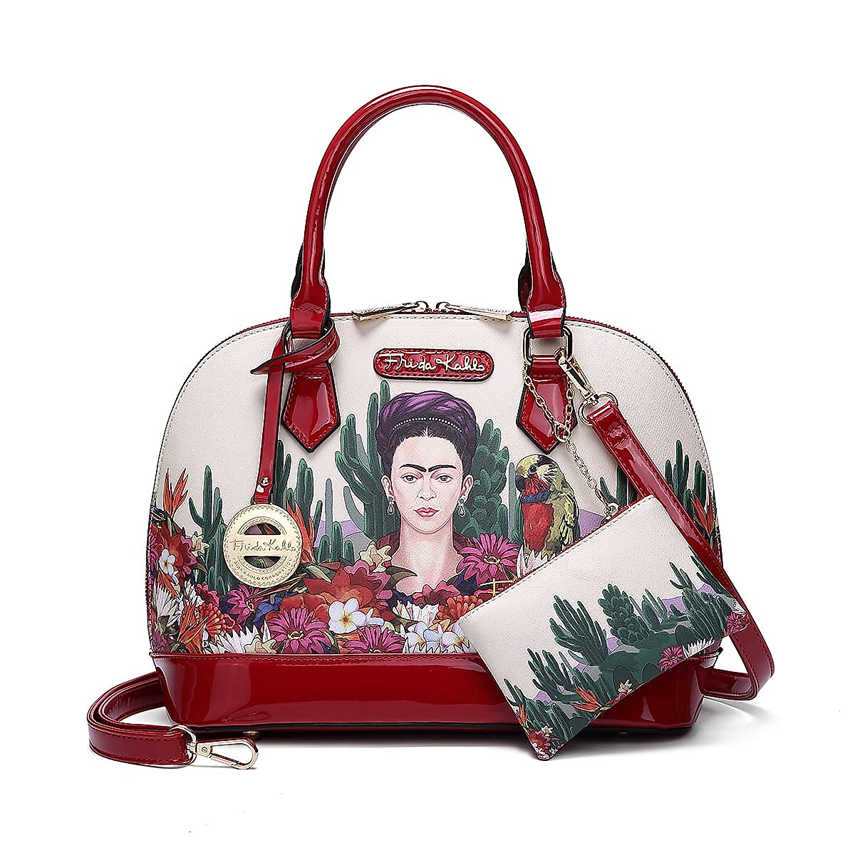 LuxeBag Frida Kahlo Cactus Collection Faux Leather Around Zip Handbag (Beige/Red)