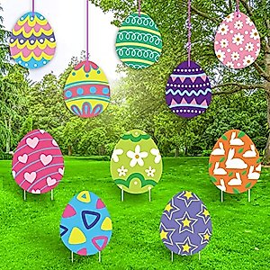 WATINC 10Pcs Easter Yard Sign Hanging Ornaments Bunny Eggs Flower Heart Star Outdoor Lawn Signs Hunt Games Spring Party Decorations Photo Props for Outside Garden Tree Wall with Stakes & Ribbons