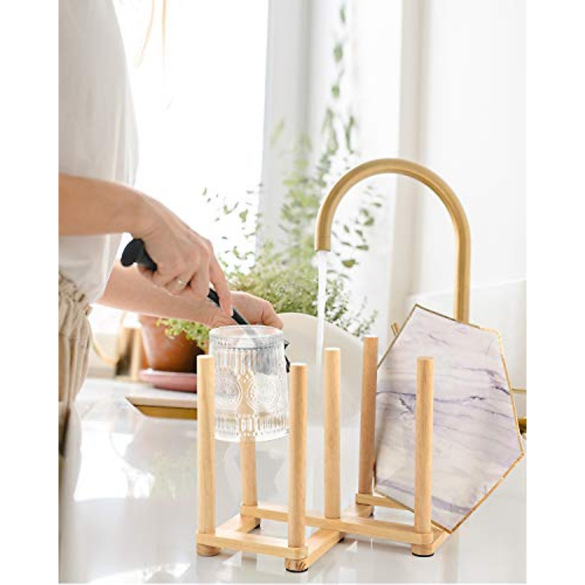Woiworco Wooden Bottle Drying Rack, Nature Bamboo Retractable Cup Drying Rack and Mug Tree, Dish Drying Rack and Cup Drying Stander Holder for Cup, Cutting Board, Bowl, Plastic Bag Dryer Rack