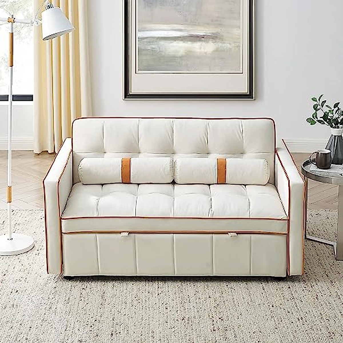 ERYE Modern Loveseat Convertible Sleeper Couch Bed, Upholstered Futon Sofabed for Living Room,2 Seater Comfy Love Seat Daybed Sofas, Beige Twin Velvet Tufted 2 Cylinder Pillows Multi-Pockets B