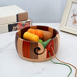 Wooden Yarn Bowl, 7x7x3in Knitting Yarn Bowl, Round Yarn Holder for Crocheting, Large Crochet Bowl Holder with Carved Holes, Weaving Thread Bowl, Yarn Basket Yarn Storage Bowl for DIY Handmade Crafts