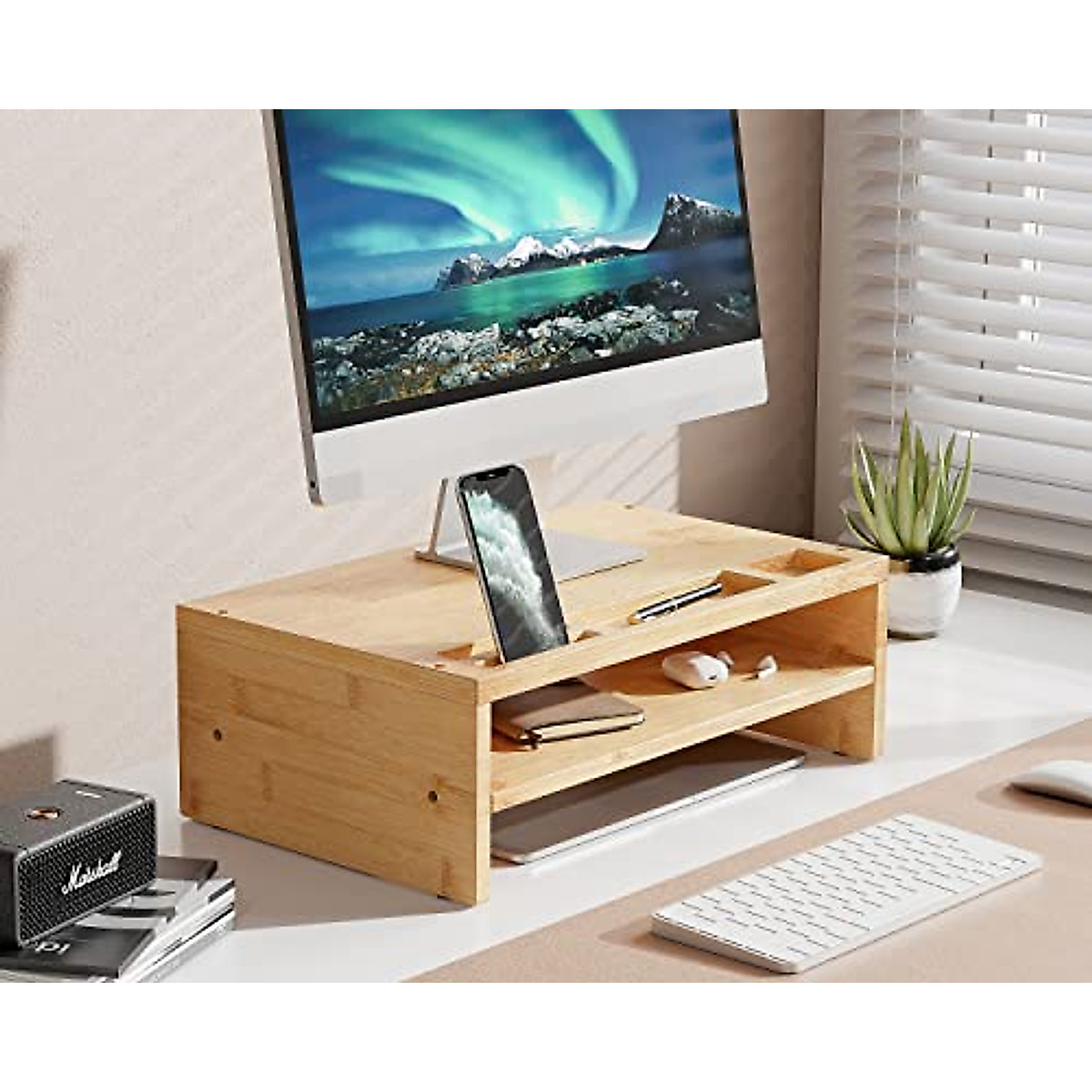 Well Weng Desk Monitor Riser Stand with Storage Organizer 2 Shelves for Computer, iMac, Printer, Laptop