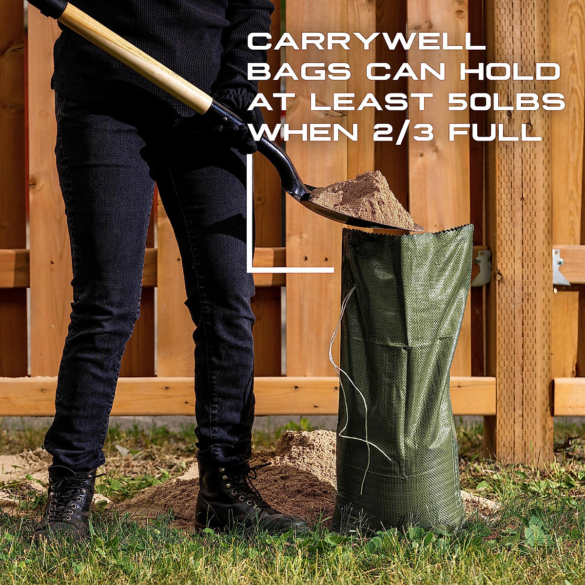 Carrywell (Not Made in China) Heavy Duty Sand Bags for Flooding, 14in x 26in with Tie Strings, Flood Water Barrier, UV Protection Sandbags for 1600 Hours (10 Bags, Green)