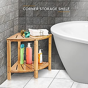 Bamboo Corner Shower Bench - Shower Stool, Shaving Stool with Non-Slip Feet - Wood 2-Tier Seat with Storage Shelf - Bathroom, Living Room, Bedroom, Garden Etc. Seat or Organizer