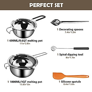 Artcome 5pcs Double Boiler Melting Pot Set - 600ML/0.6QT and 1000ML/1QT Chocolate Stainless Steel Melting Pot, Decorating Spoons, Silicone Spatula and Dipping Tool for Melting Chocolate, Candy, Soap