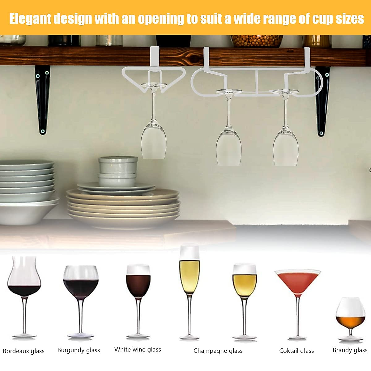 Brynnl 2 Pack Wine Glass Holder, Wine Glass Rack Under Cabinet,Punch-free Hanging Wine Glass Rack for Bar Kitchen （White）