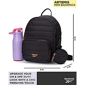 Reebok Women's Backpack - Artemis Quilted Shoulder Purse - Travel Gym Bag for Kids, Teens, and Adults, Size One Size, Black
