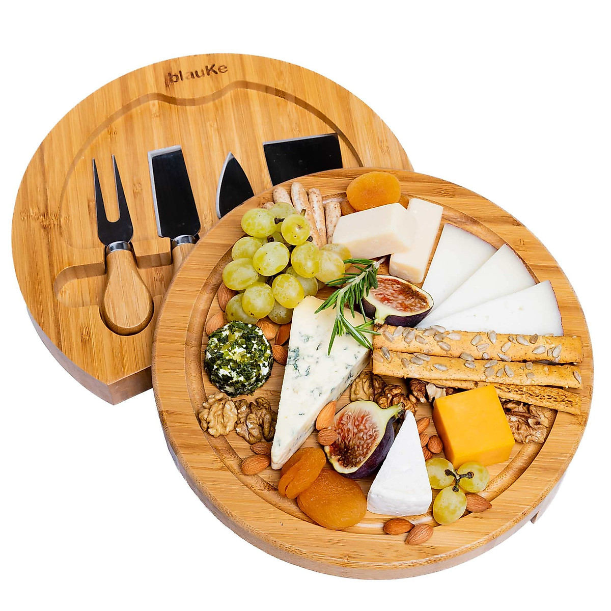 BlauKe Bamboo Cheese Board and Knife Set – 10 inch Round Charcuterie Board, Serving Tray, Platter, Wood Cheese Board Set – Gift Idea