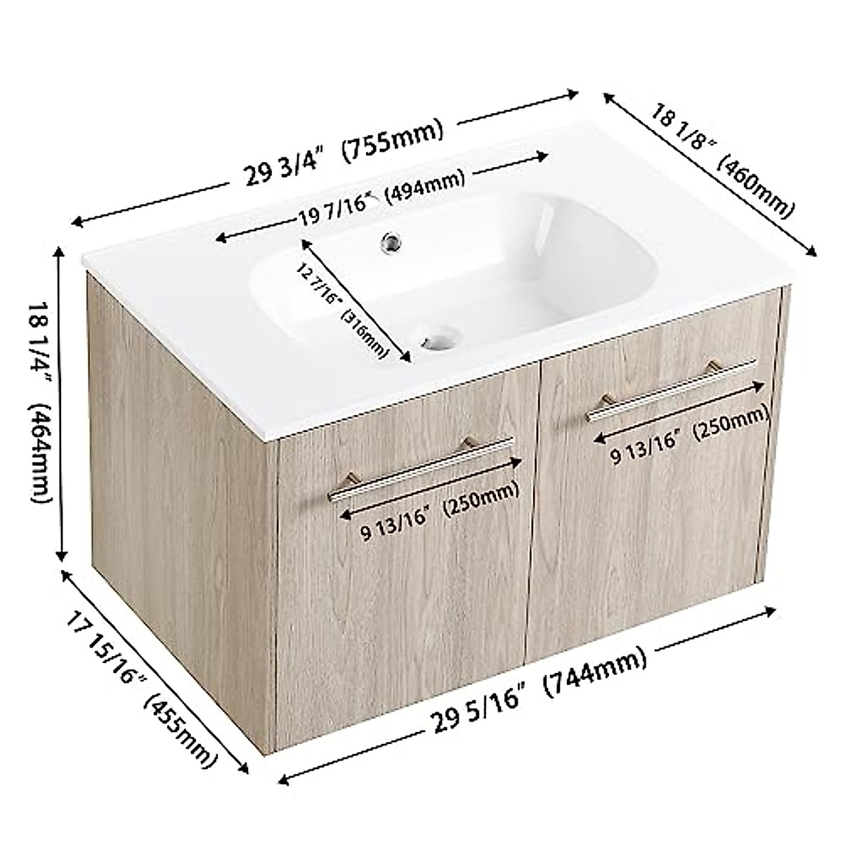 30 Inch Wall Mounted Bathroom Vanity Sink Combo, Modern Bathroom Vanity Set with Gel Sink Top, 2 Door Storage Cabinet with Handle, Hanging Bathroom Vanity w/Sink