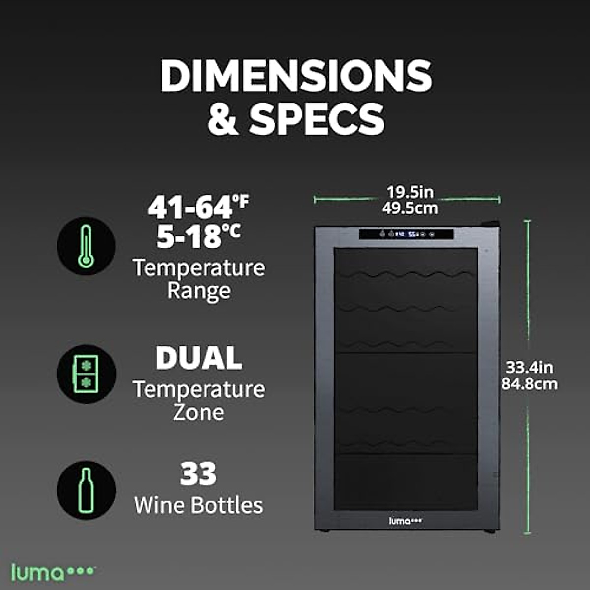 Luma Comfort Shadow Series Wine Cooler Refrigerator 33 Bottle Dual Temperature Zones, Freestanding Mirrored Wine Fridge with Double-Layer Tempered Glass Door & Compressor Cooling,Black