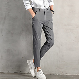 Men Classic Business Comfort Pant Straight Leg Flat Front Tapered Suit Pant Ultra Lightweight Solid Color Trousers (Dark Grey,28)