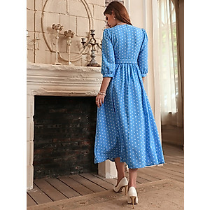 WDIRARA Women's Polka Dots Puff 3/4 Sleeve A Line Pleated Belted Flare Cocktail Long Dress Blue L
