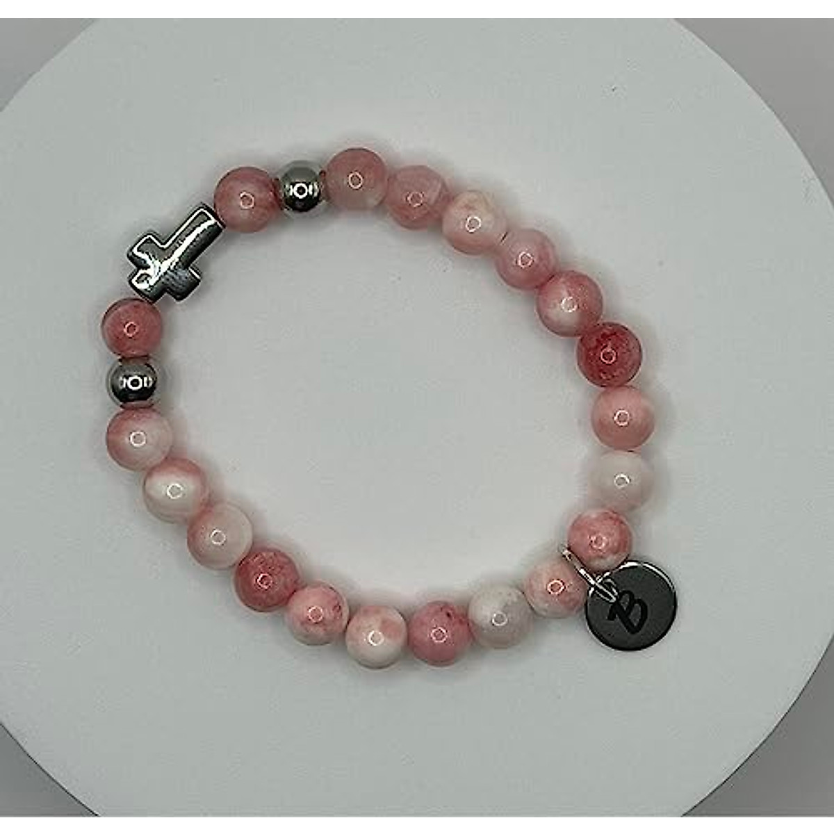 Women's Cross Bracelet with Initial Charm, Pink White Jade Semi Precious Stones (7, Pink White Jade)