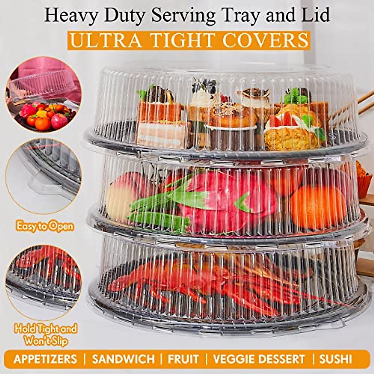 24 Pack 12 Inch Heavy Duty Serving Tray with Clear Lid and Sporks, Large Plastic Tray with Elegant Platter Round Black Disposable for Fruit Sandwich Party Takeout Food Catering Picnic