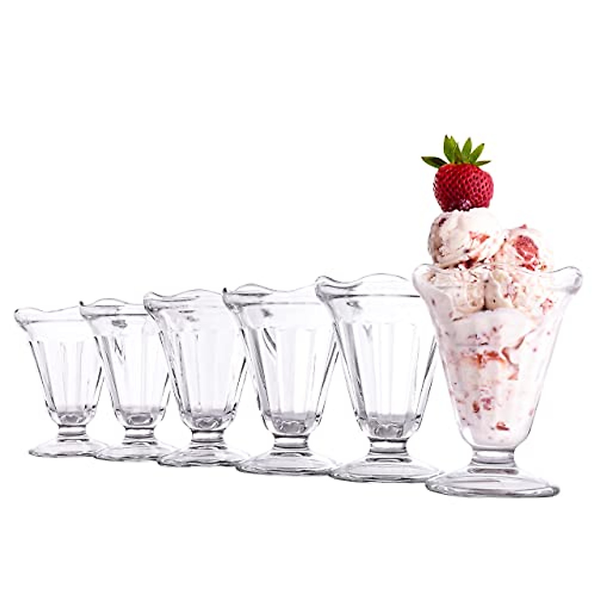 Vikko 7.5-Ounce Footed Ice Cream Cups, Classic Sundae Style Glass Cups, Thick and Durable, For Sundaes, Milkshakes, Ices, Desserts, Set of 6 Dessert Glasses 3.8” x 5”