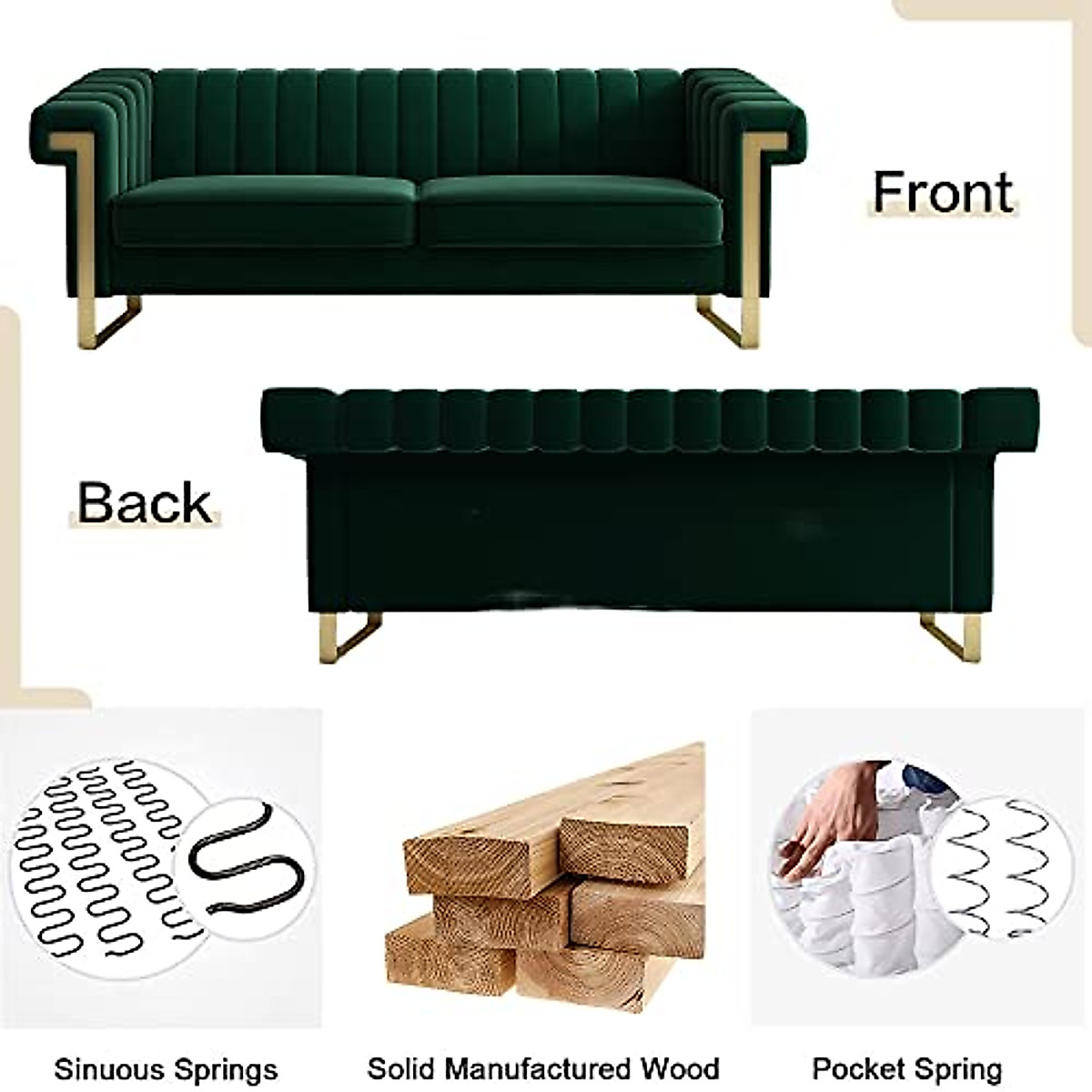 Kadway Green Velvet Loveseat Sofa Couch, 84" Luxury Large Sectional Sofa Couch with Gold Metal Legs for 3-4 Persons, Mid-Century Modern Sofa, Chesterfield Sofa Couch for Living Room Bedroom