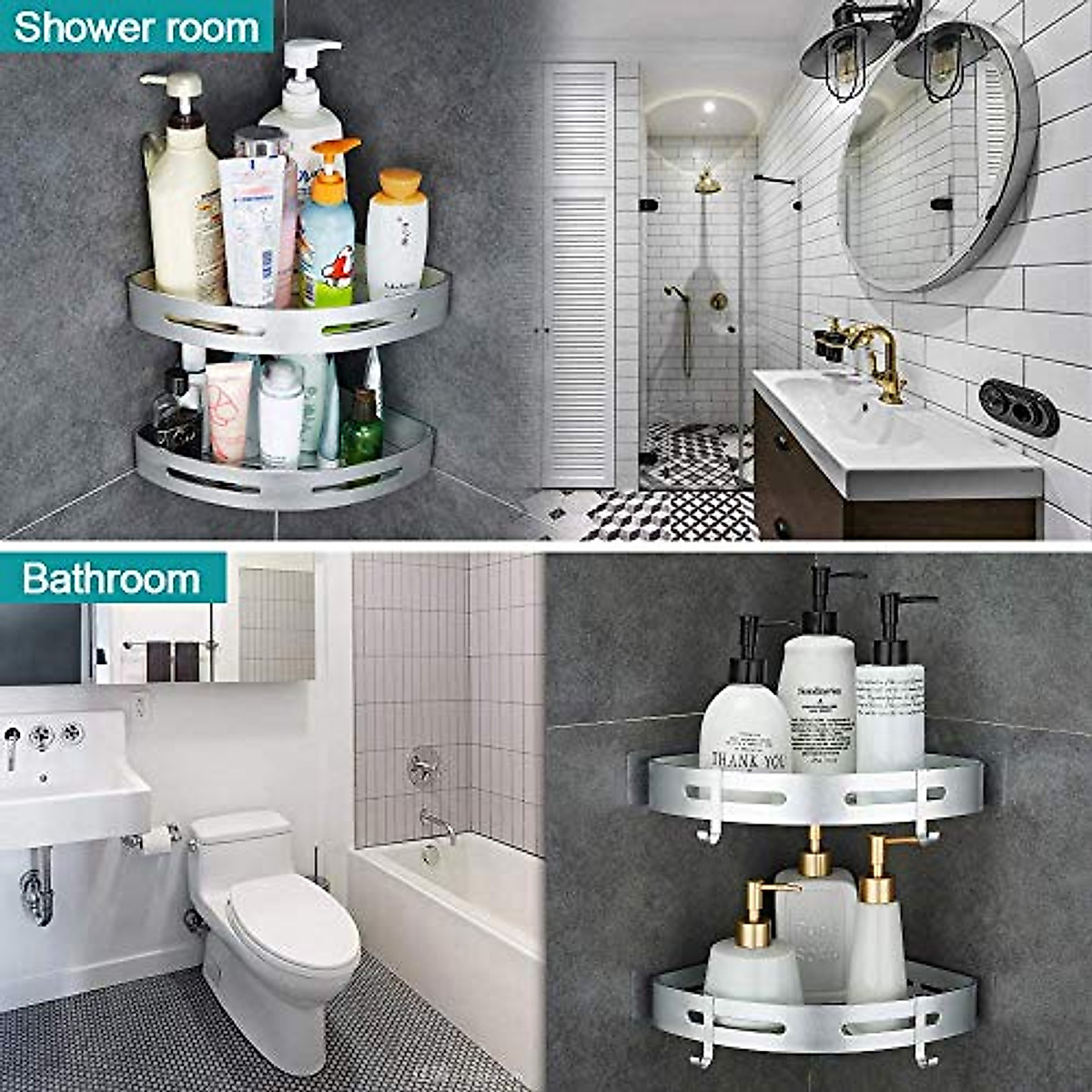 GRICOL Shower Shelf Corner Adhesive Bathtub Caddy Wall Mounted Bathroom No Drill Aluminum Basket Storage for Shampoo Kitchen Organizer with Razor Holder-2 Pack