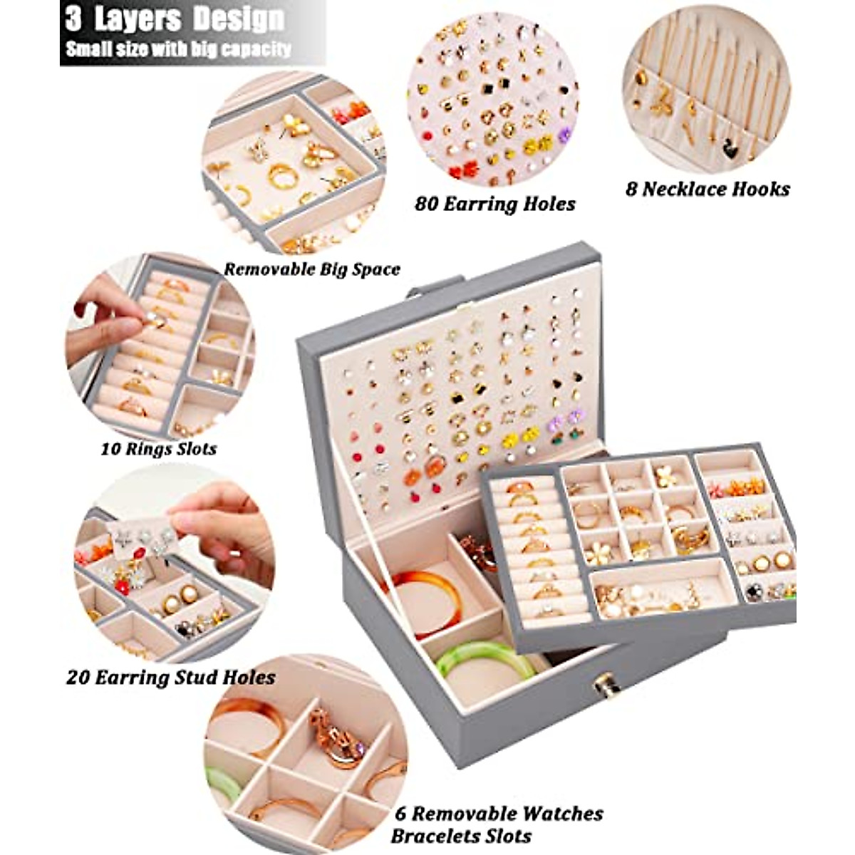 QBestry Stud Earring Organizer for Women Girls Gray Jewelry Box for Earrings Necklace Jewelry Organizer,Girls Earring Box for Womens Necklace Holder Rings Organizer Bracelet Earring Storage Case,Grey