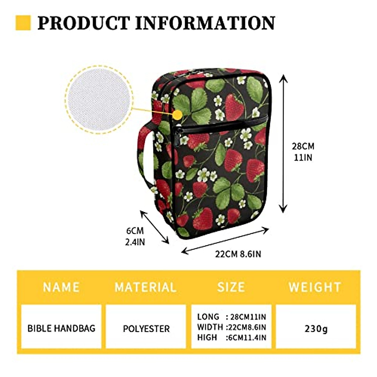SCRAWLGOD Strawberry Print Bible Cover for Womens Bible Holder Bible Cover Carrier Carrying Organizer Bag, Book Covers Kids Scripture Carrying Case with Handle Pockets